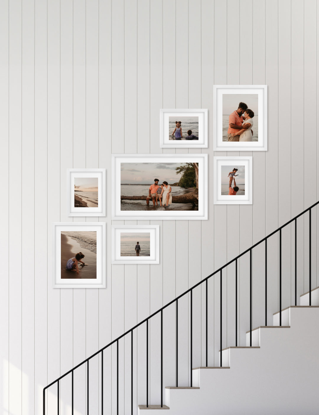 Custom Staircase Gallery Wall - 6 White Framed Photos - by Bobby Berk ...